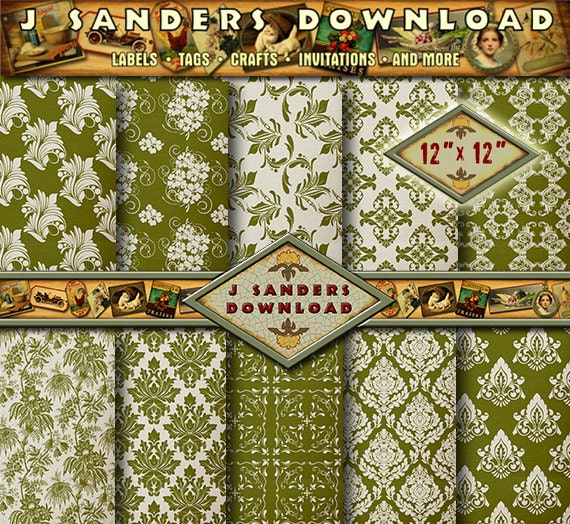 Victorian Damask Pattern Olive Green Florals Download Digital | Etsy