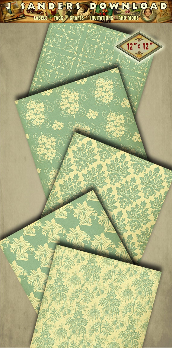 Victorian Damask Pattern Yellow and Green Florals, Instant Download ...
