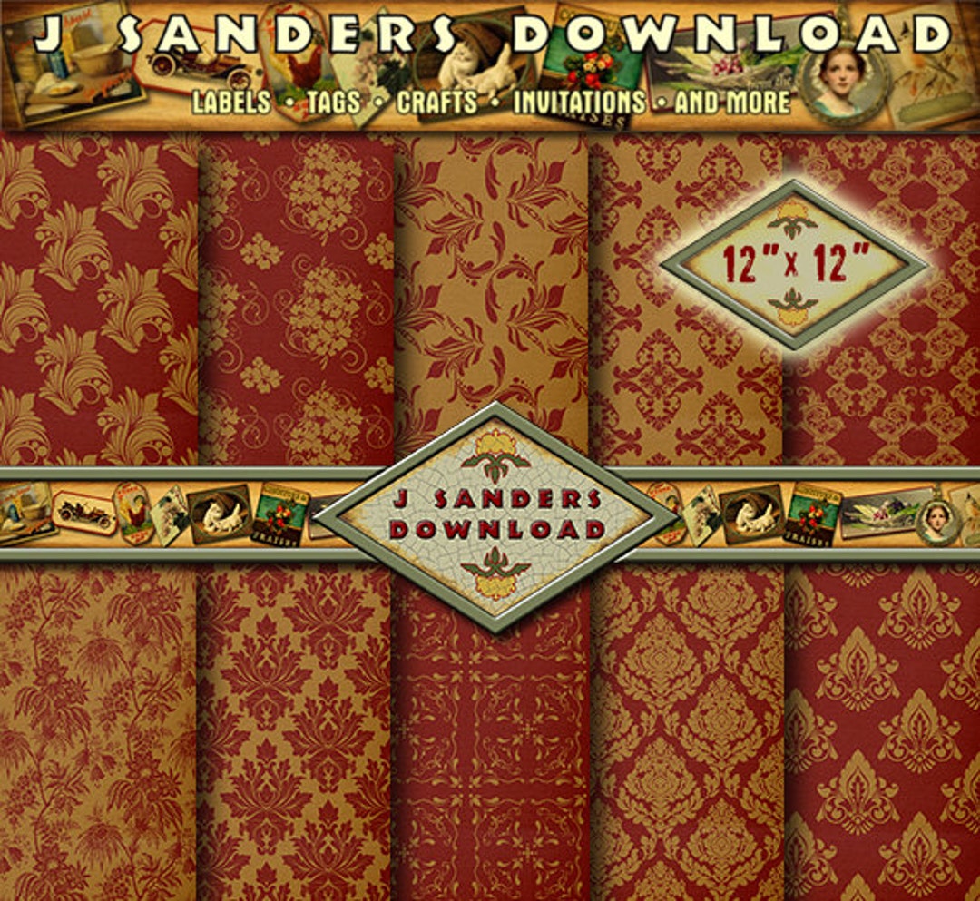 Victorian Damask Pattern Maroon Florals, Instant Download Digital Paper ...