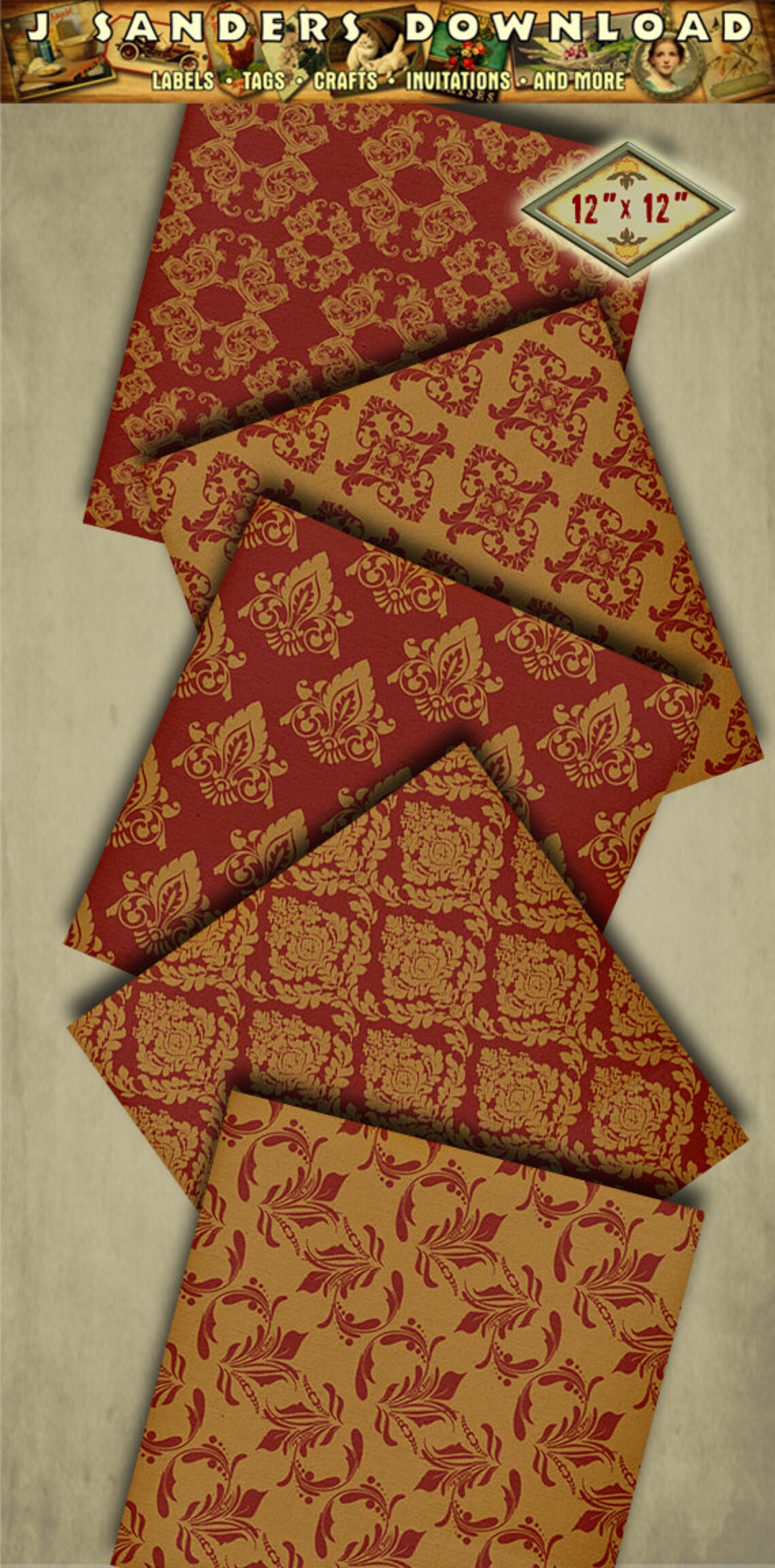 Victorian Damask Pattern Maroon Florals, Instant Download Digital Paper ...