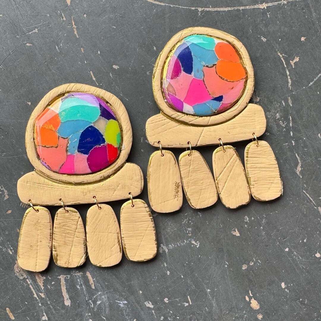 World of Pure Imagination…3 Inch Handrolled Rainbow Faux Stone 70s 60s Retro Dangles Statement ...