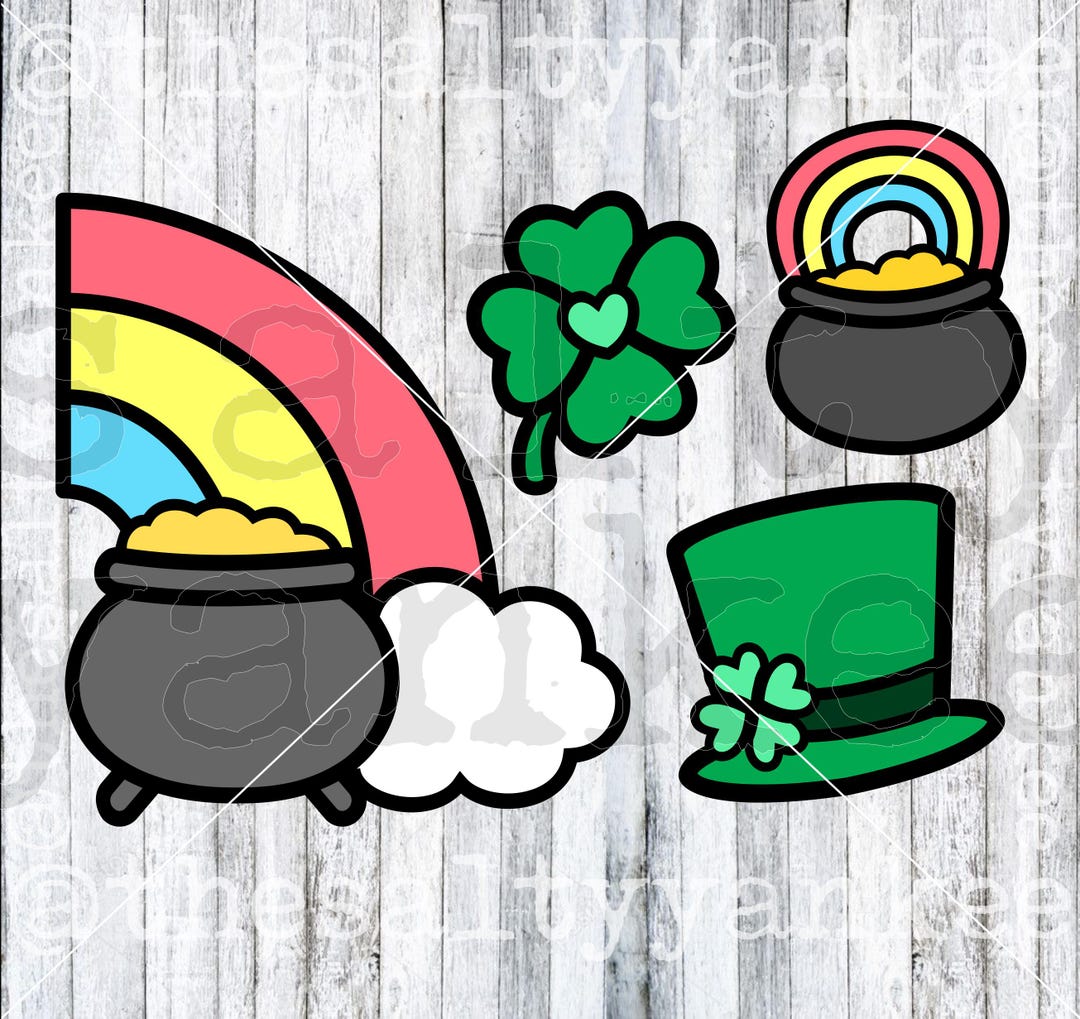 Kawaii St Patricks Day Clover Shamrock Hat Rainbow Pot of Gold Clipart ...