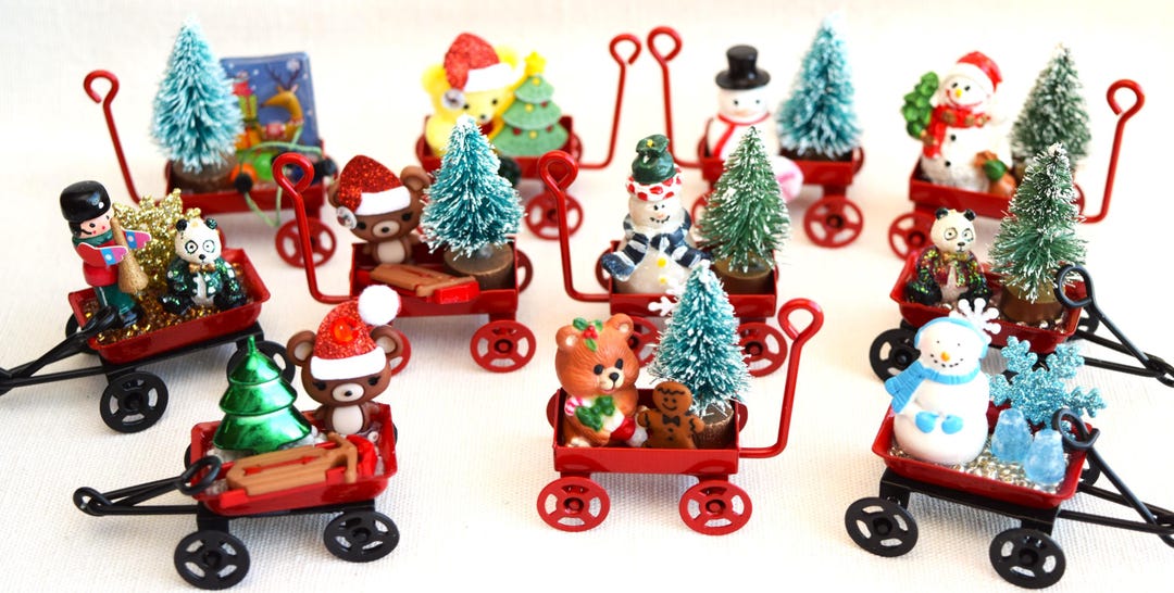 Miniature Christmas Figurine Scenes With Miniature Little Red Wagons - Etsy