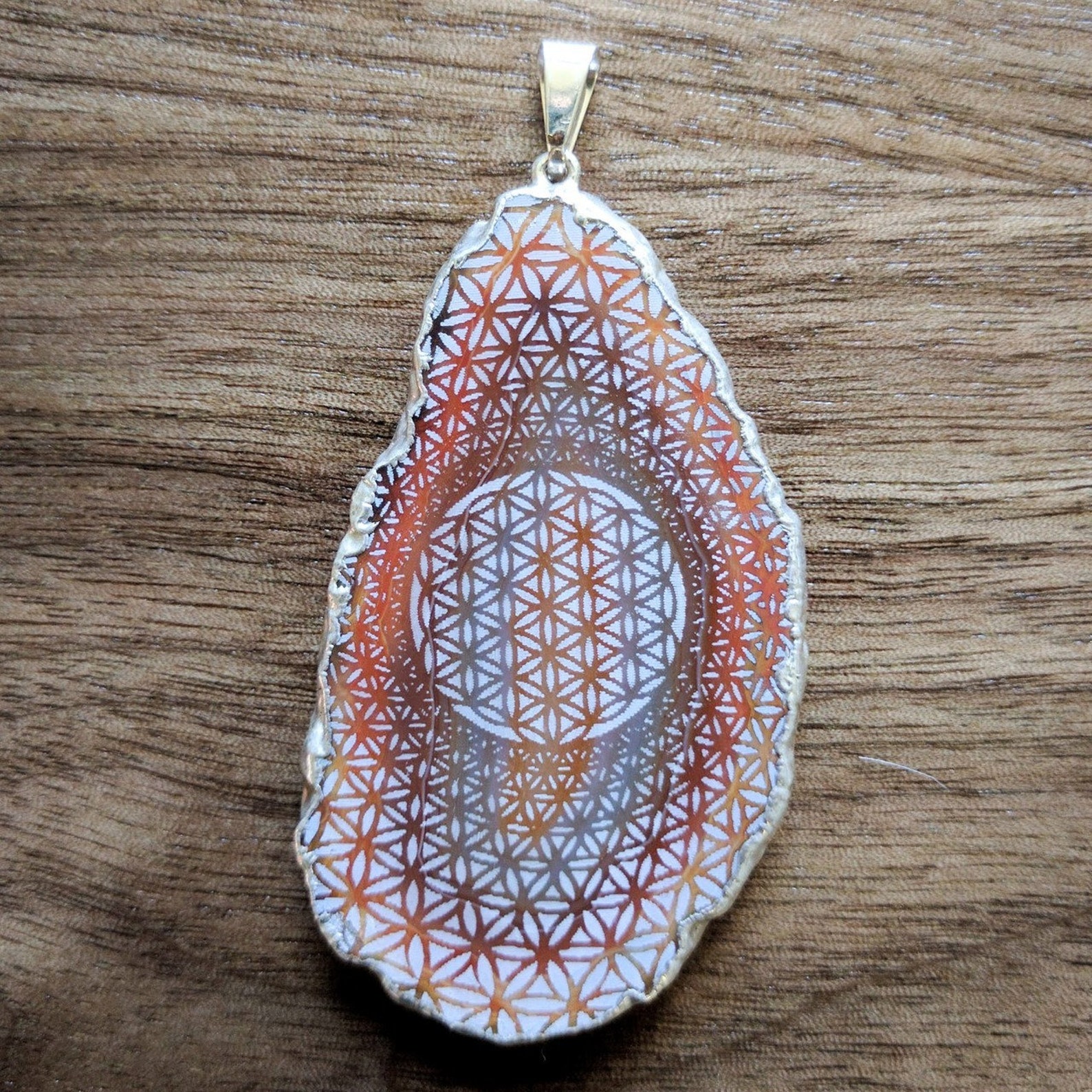 Flower of Life Phi Vortex Engraved Silver Plated Agate Pendant | Etsy