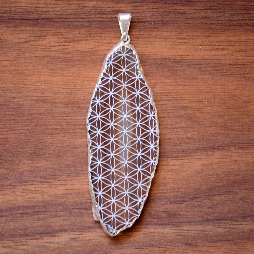 Flower of Life Linework Grid Pattern Silver Plated Agate Pendant ...