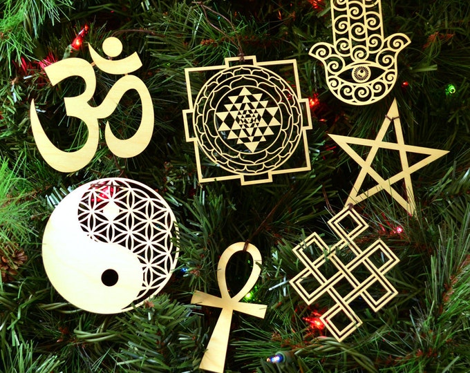 Sacred Symbols Holiday Ornaments Set of Seven Laser Cut Wood Sri Yantra ...