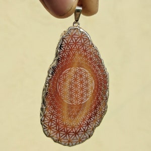 Flower of Life Phi Vortex Engraved Silver Plated Agate Pendant - Laser ...