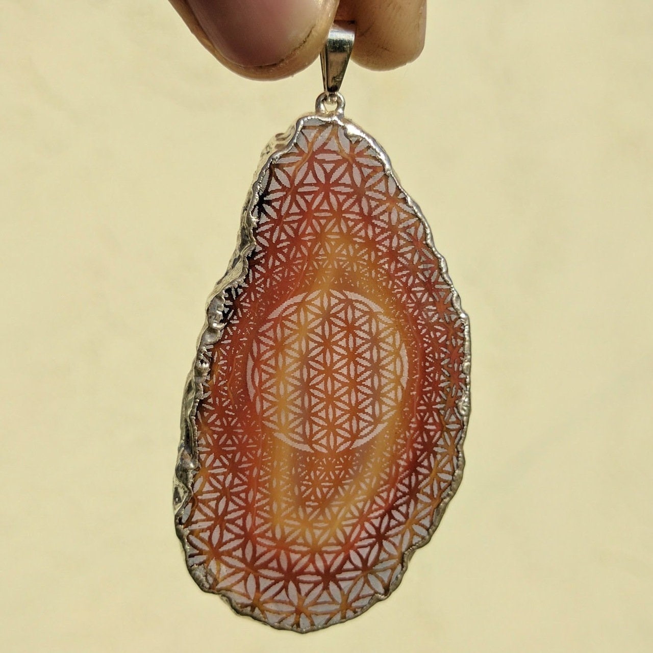 Flower of Life Phi Vortex Engraved Silver Plated Agate Pendant - Etsy