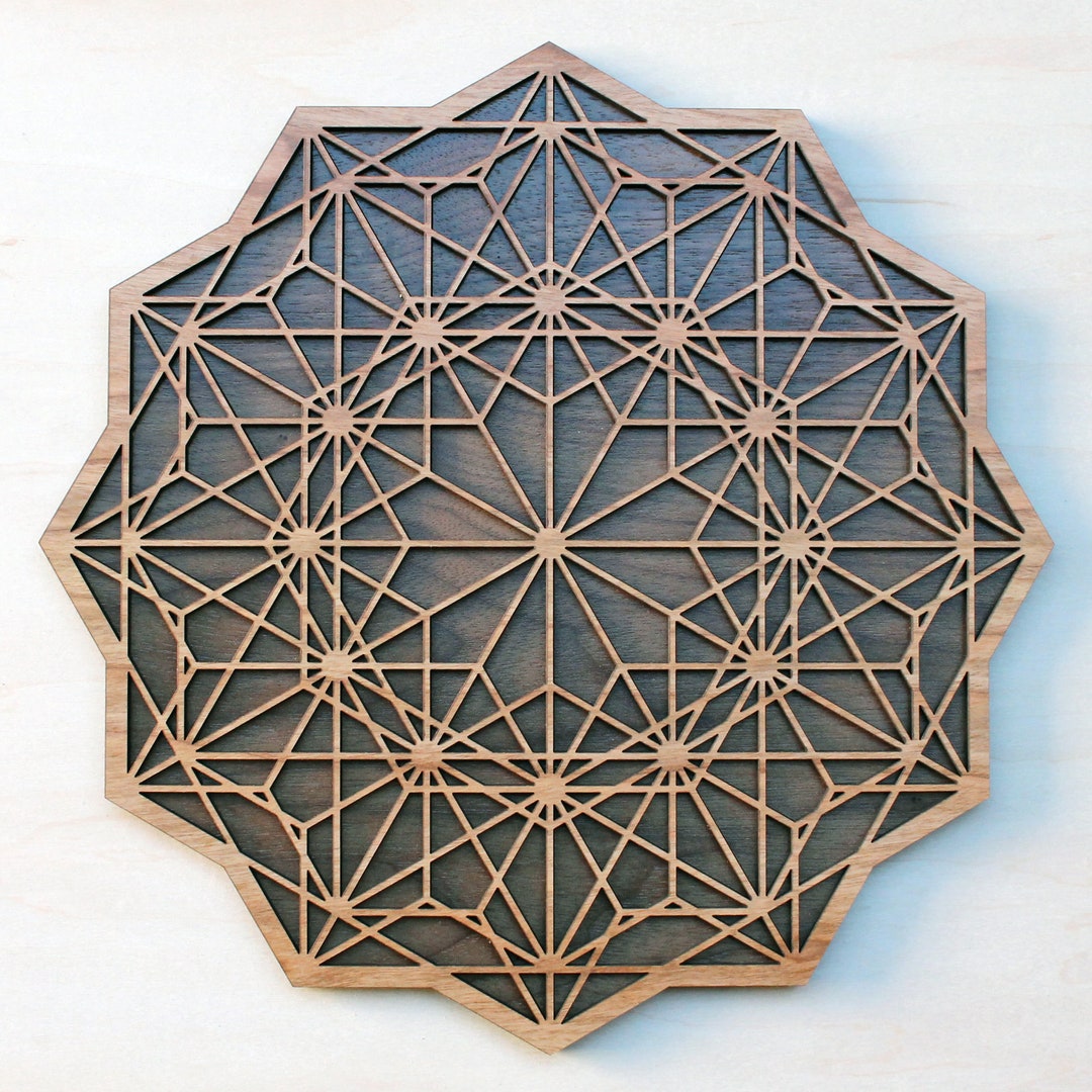 Asanoha Rose 14" Wood Wall Art Hanging - Laser Cut Living Room Home Decor - Wooden Japanese ...