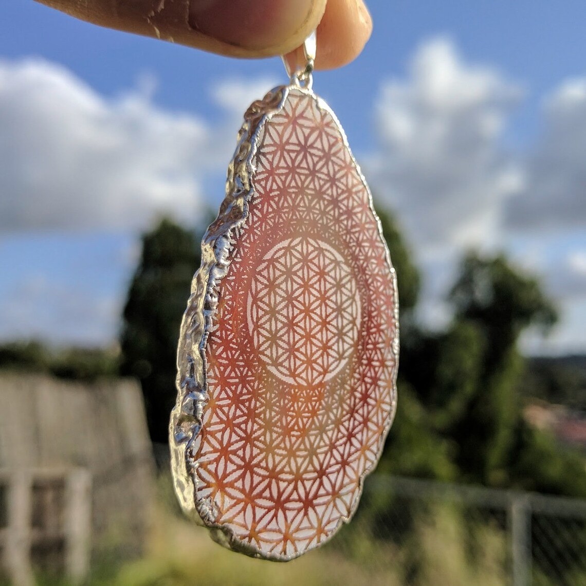 Flower of Life Phi Vortex Engraved Silver Plated Agate Pendant - Etsy