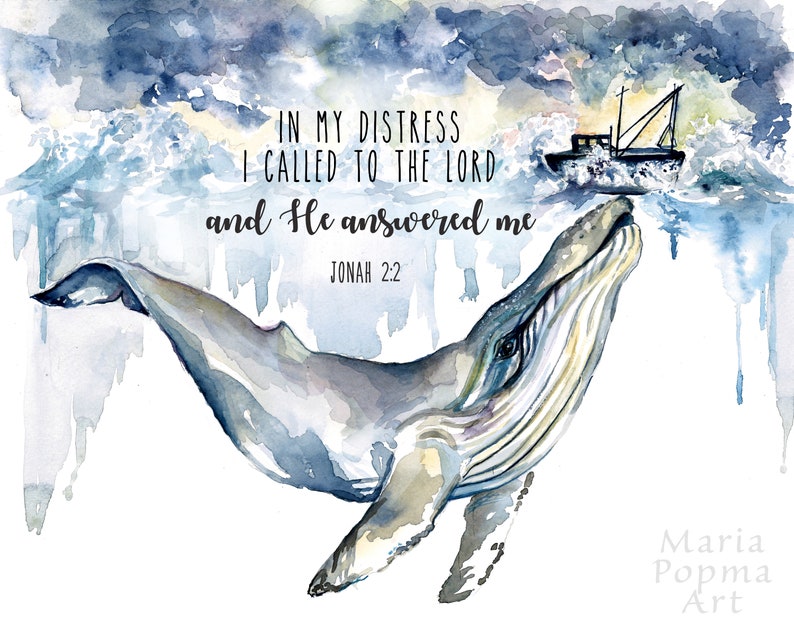 Jonah 2:2 Scripture Art Print | Whale Art | Beach Decor | DIGITAL ...