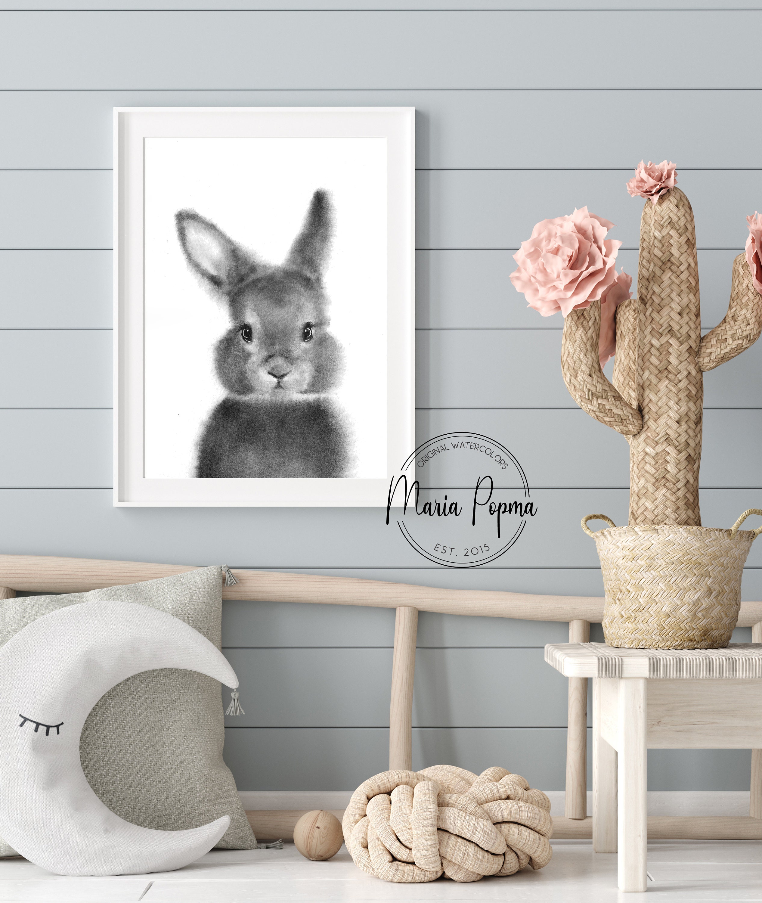 Monochrome Bunny Rabbit Nursery Print Woodland animal nursery | Etsy