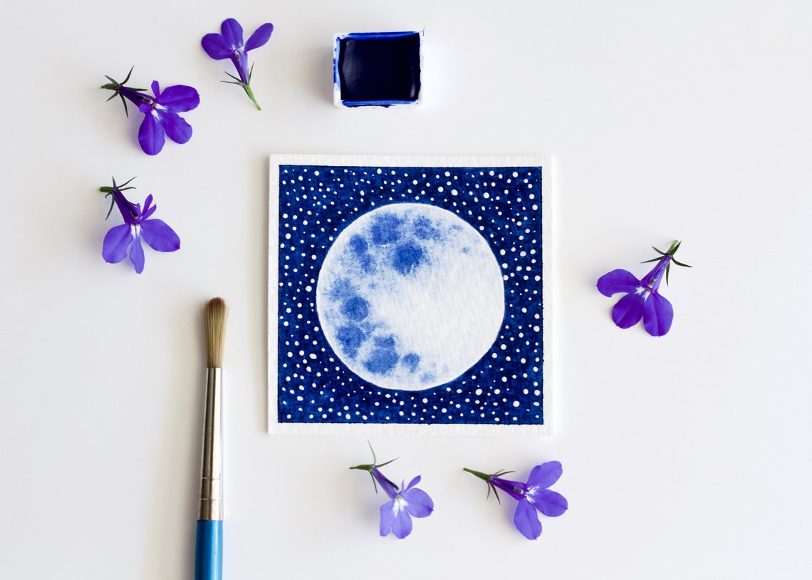 Moon Painting, Miniature Painting, Tiny Moon Watercolour Painting ...