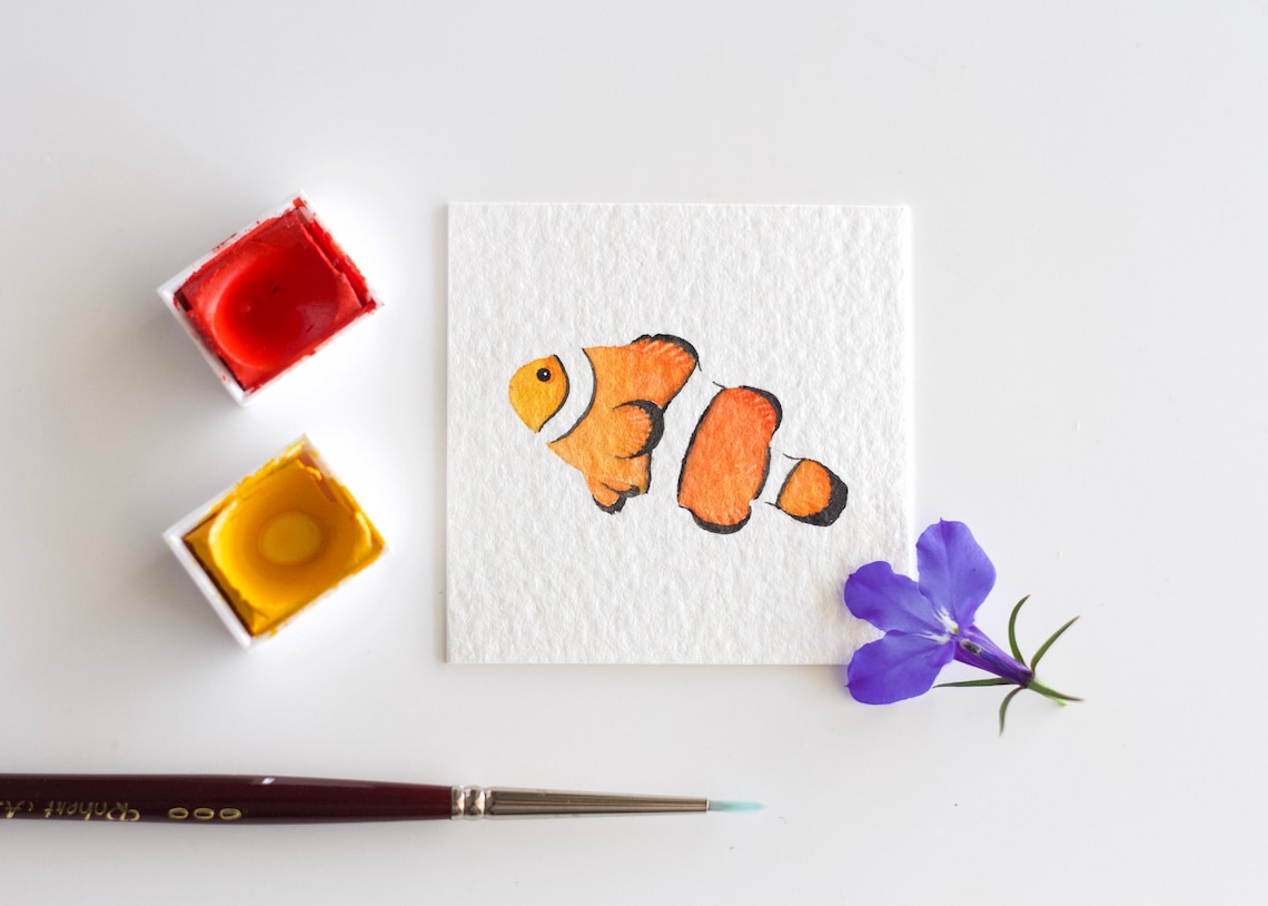 Clownfish Painting, Miniature Painting, Tiny Watercolor Painting, Ocean ...