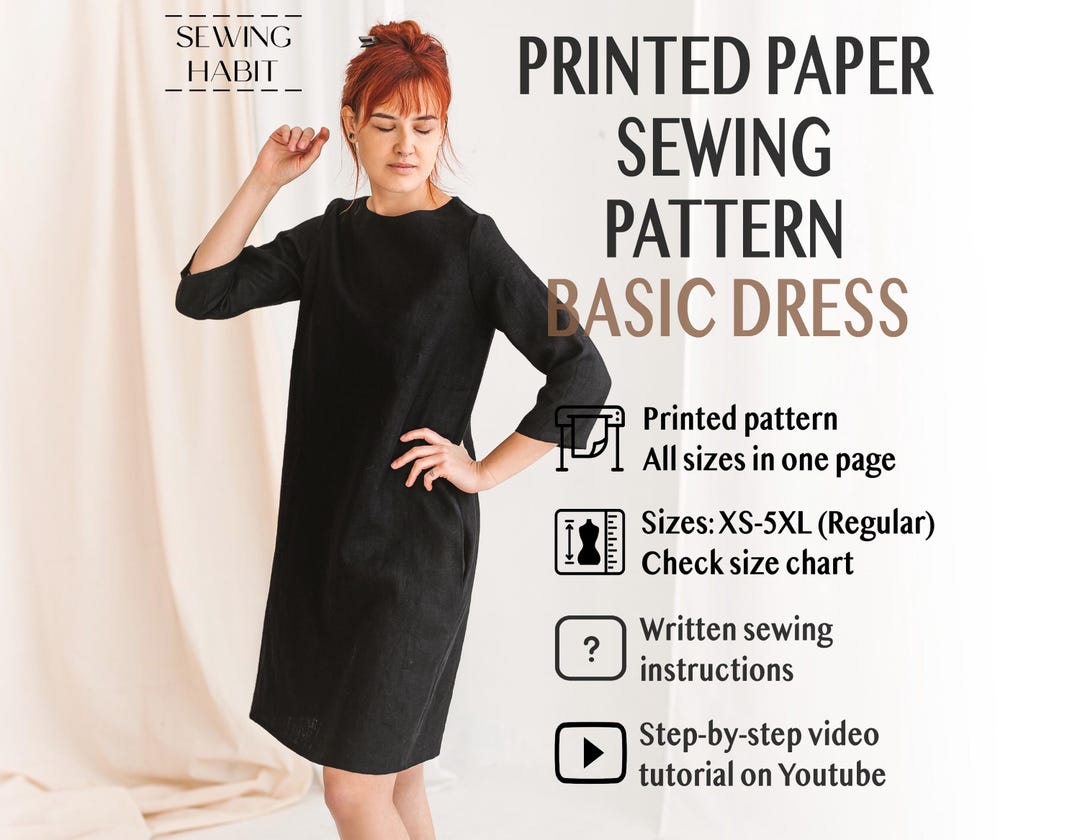 PAPER Basic Dress Sewing Pattern, Printed Shift Dress for Women, Midi ...