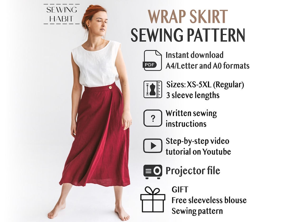 Wrap Skirt Sewing Pattern for Women, A-line With Pockets, for Linen ...