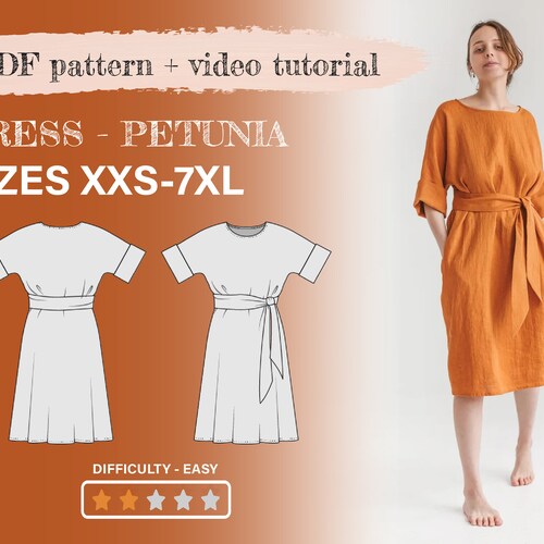 Linen Dress Pattern PETUNIA Midi Kimono With Belt for Women - Etsy