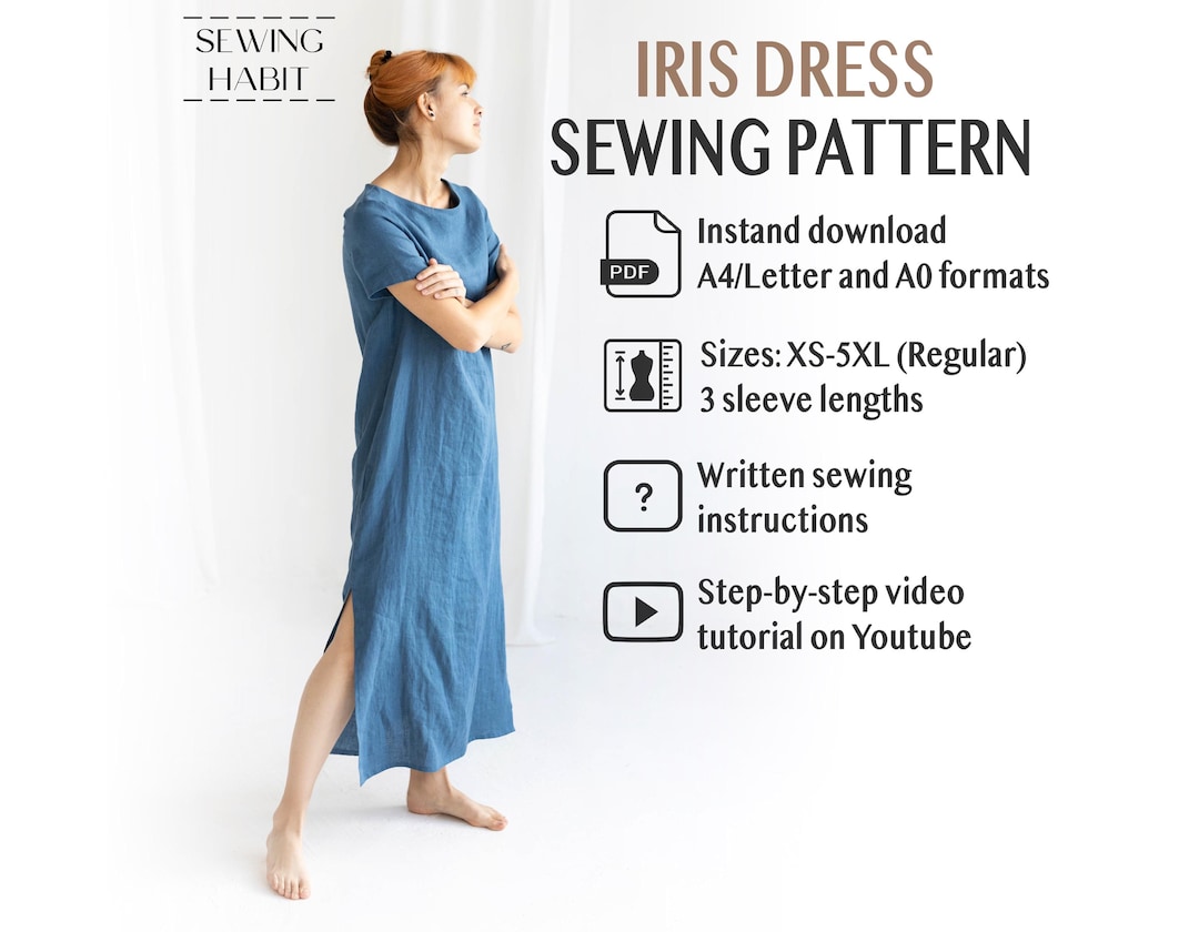 Long Dress Sewing Pattern for Women, With Slits, Shift Linen Dress, PDF ...