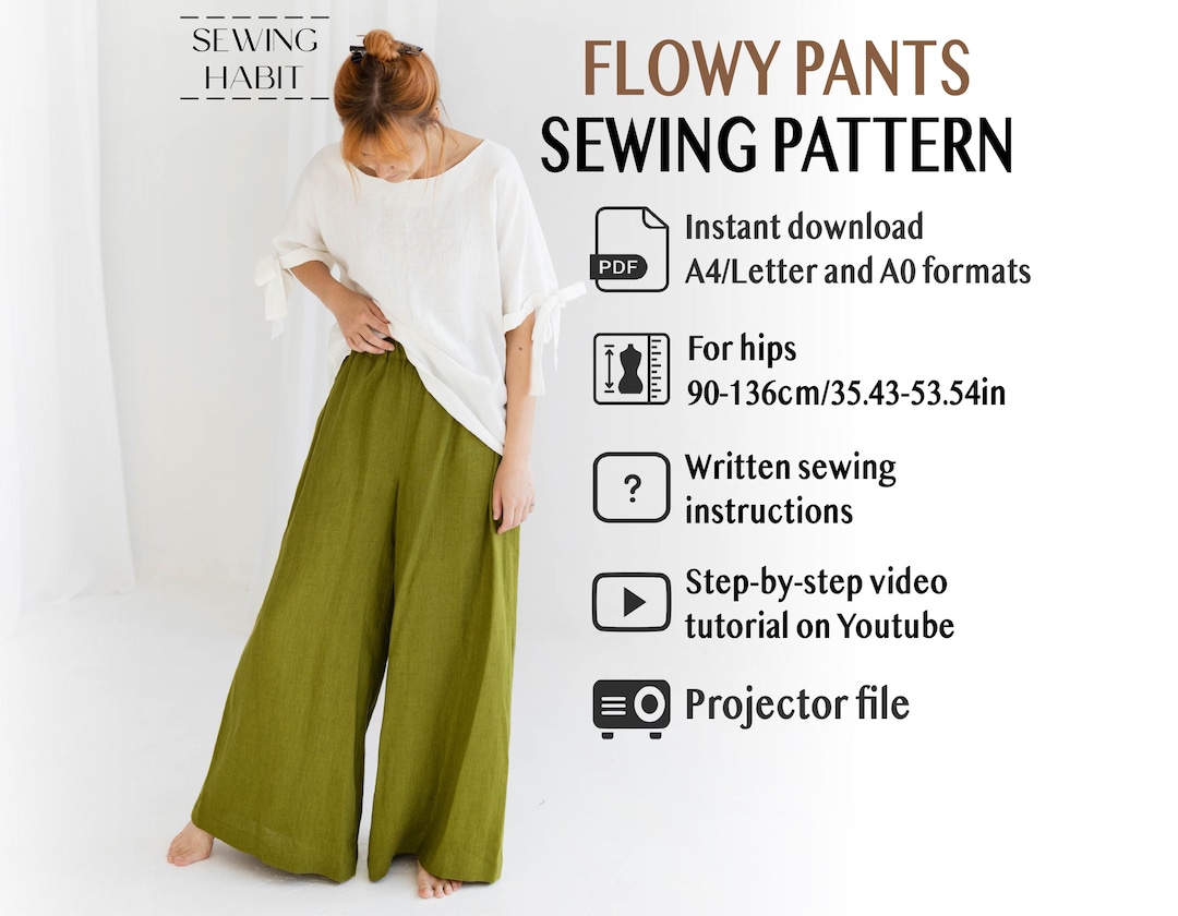 Wide Leg Pants Sewing Pattern, Extra Wide Elastic Waist Pants for Women ...