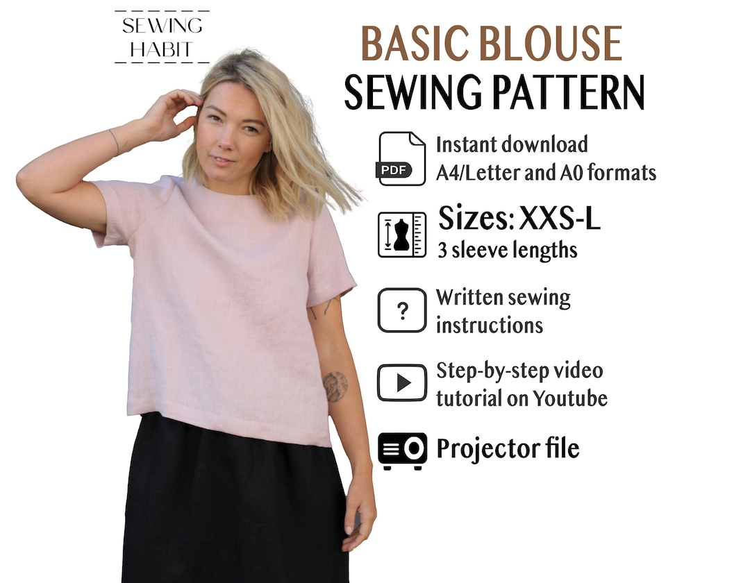Linen Basic Blouse Sewing Pattern LILY, Printable PDF, XXS-L Sizes ...