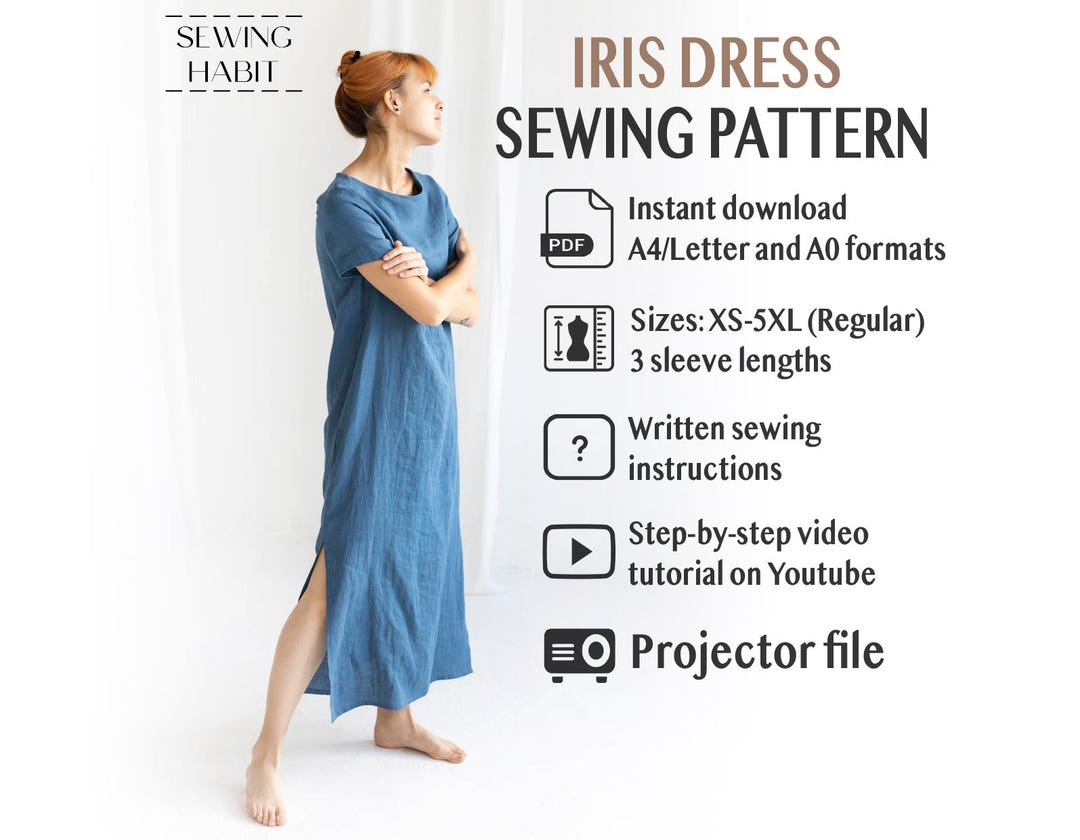 Long Dress Sewing Pattern for Women, With Slits, Shift Linen Dress, PDF ...