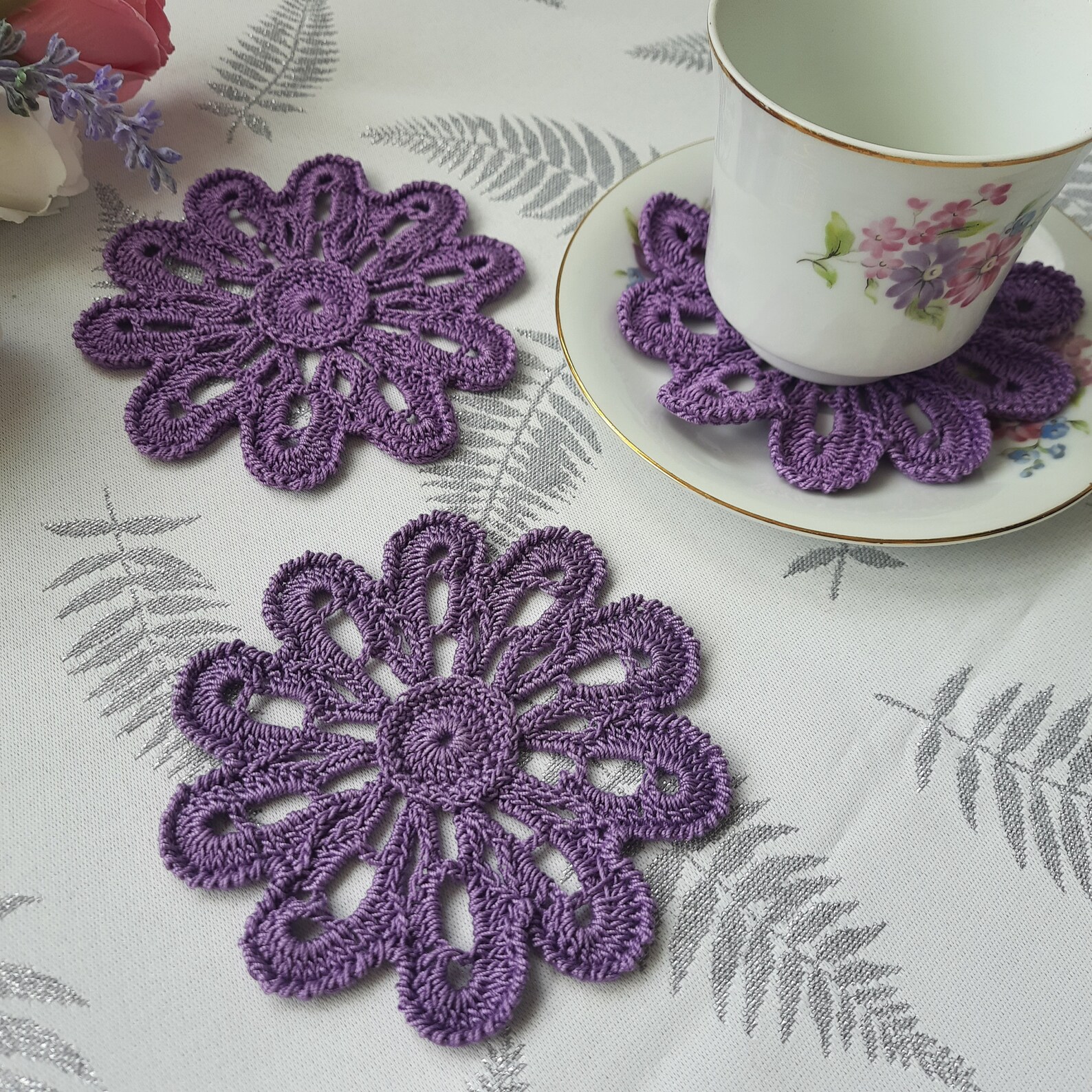 TUTORIAL Crochet Table Floral COASTERS Decor Pattern - Curtain TIE ...