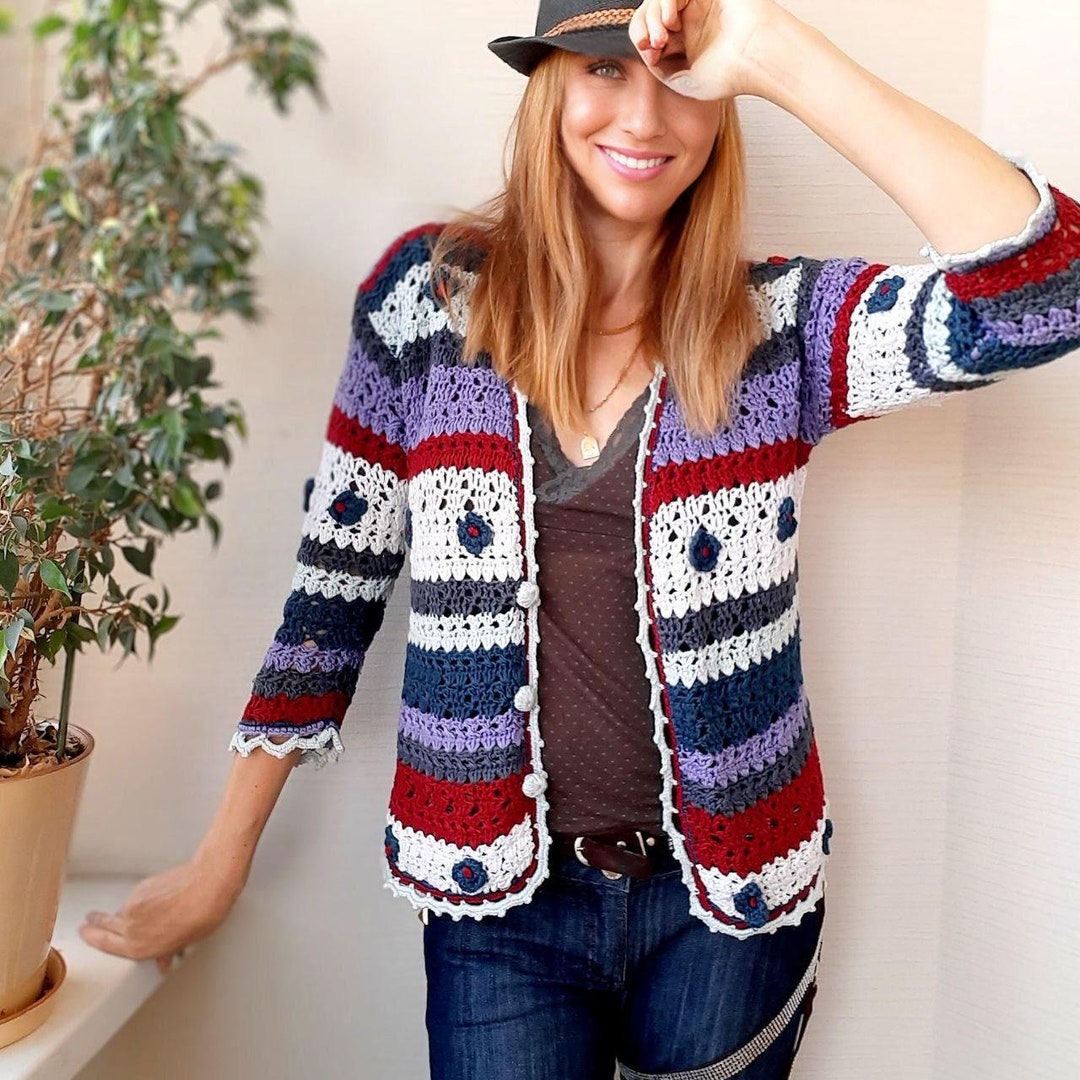 Boho Crochet Cardigan Pattern PDF - Striped Baggy Crochet Jacket ...