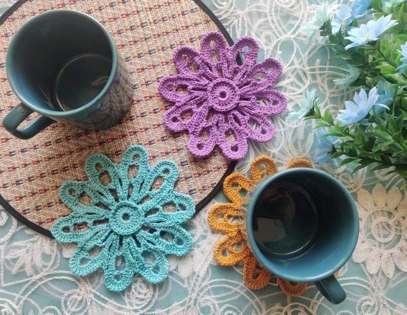 TUTORIAL Crochet Table Floral COASTERS Decor Pattern - Curtain TIE ...