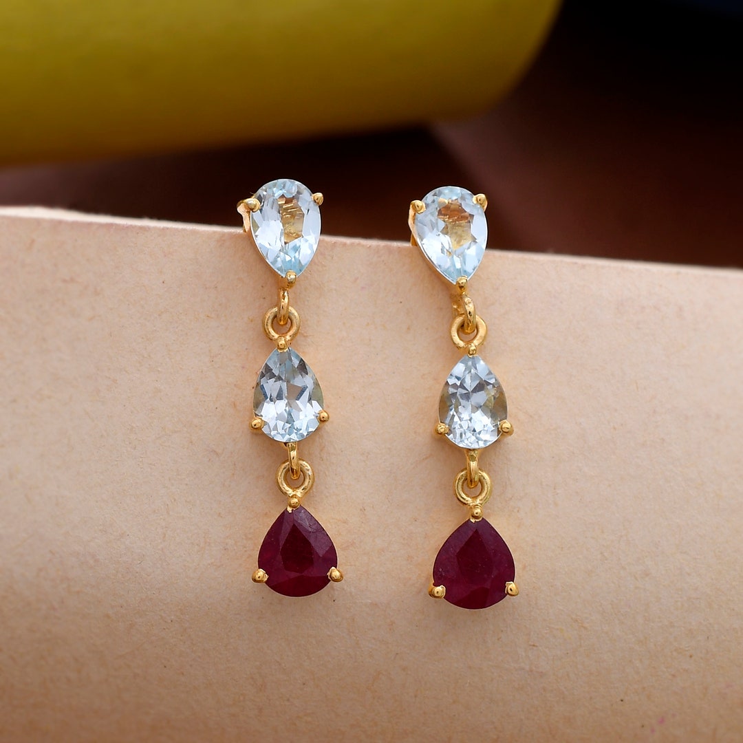 Pear Shape Blue Topaz and Ruby Danglers ,18kt Gold Plated Silvery Jewellery With Gemstones ...