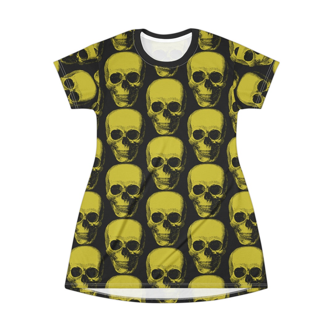 Black and Yellow Creepy Goth Skull All Over Print T-shirt Dress - Free ...