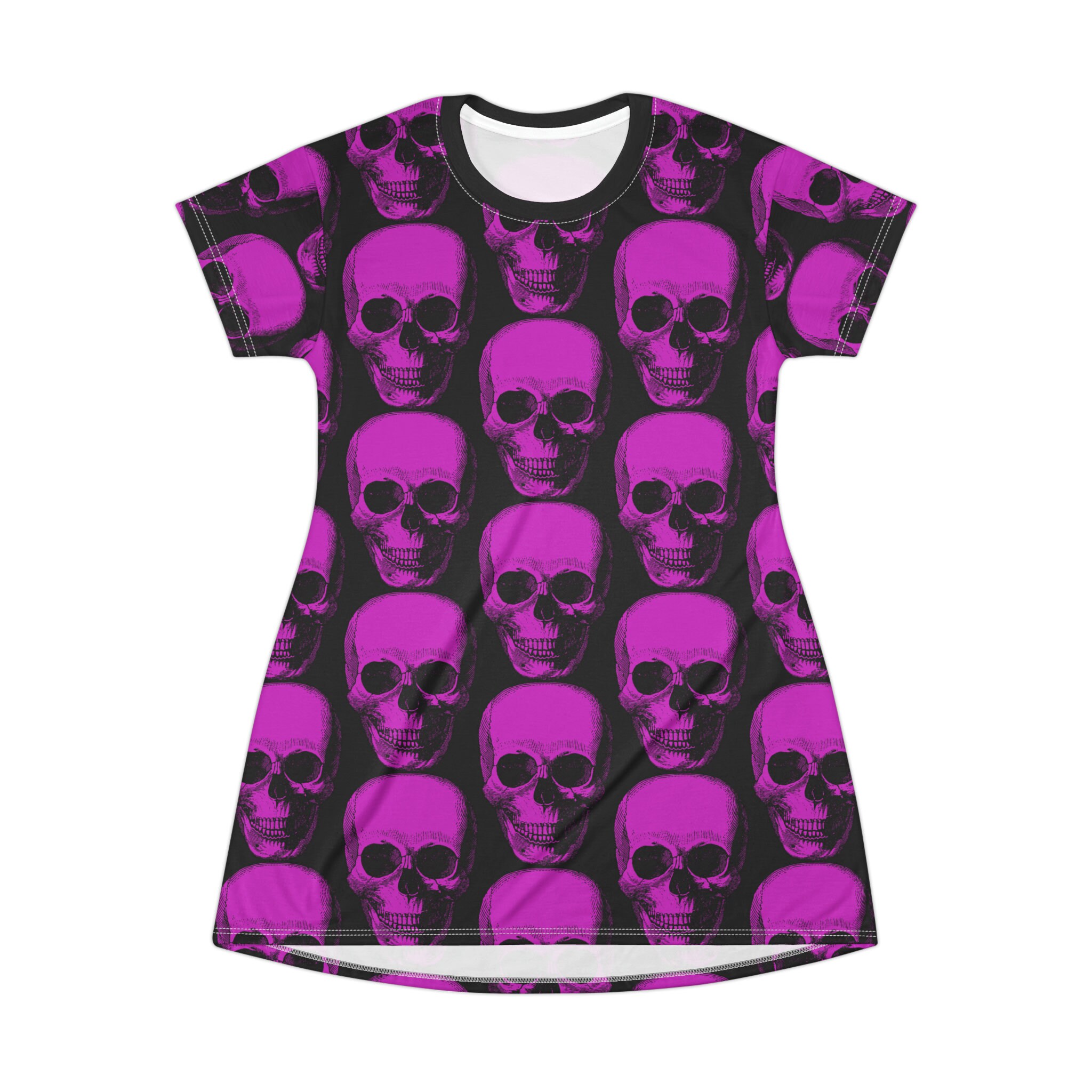 Fuchsia and Black Creepy Goth Skull All Over Print T-shirt Dress - Free ...