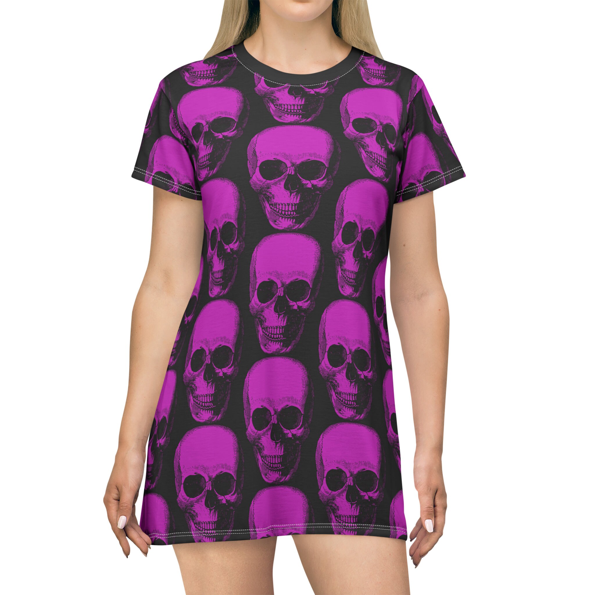 Fuchsia and Black Creepy Goth Skull All Over Print T-shirt Dress - Free ...