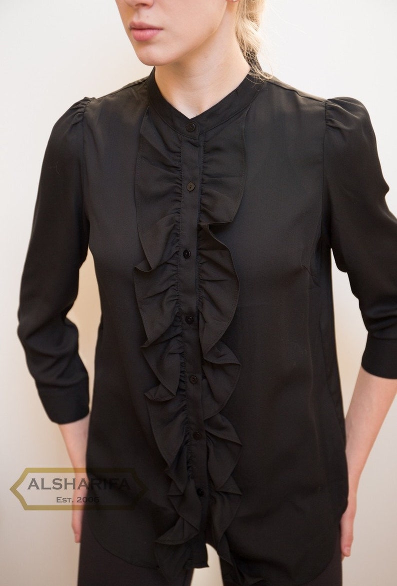 29" Long Black Ruffled Top | Black Ruffle Blouse | Premium Fabric Tunic ...