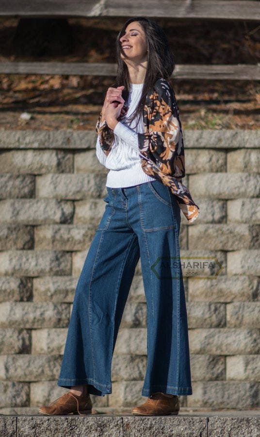 Long Wide-leg Blue Denim Pants Wide-legged Trousers for | Etsy