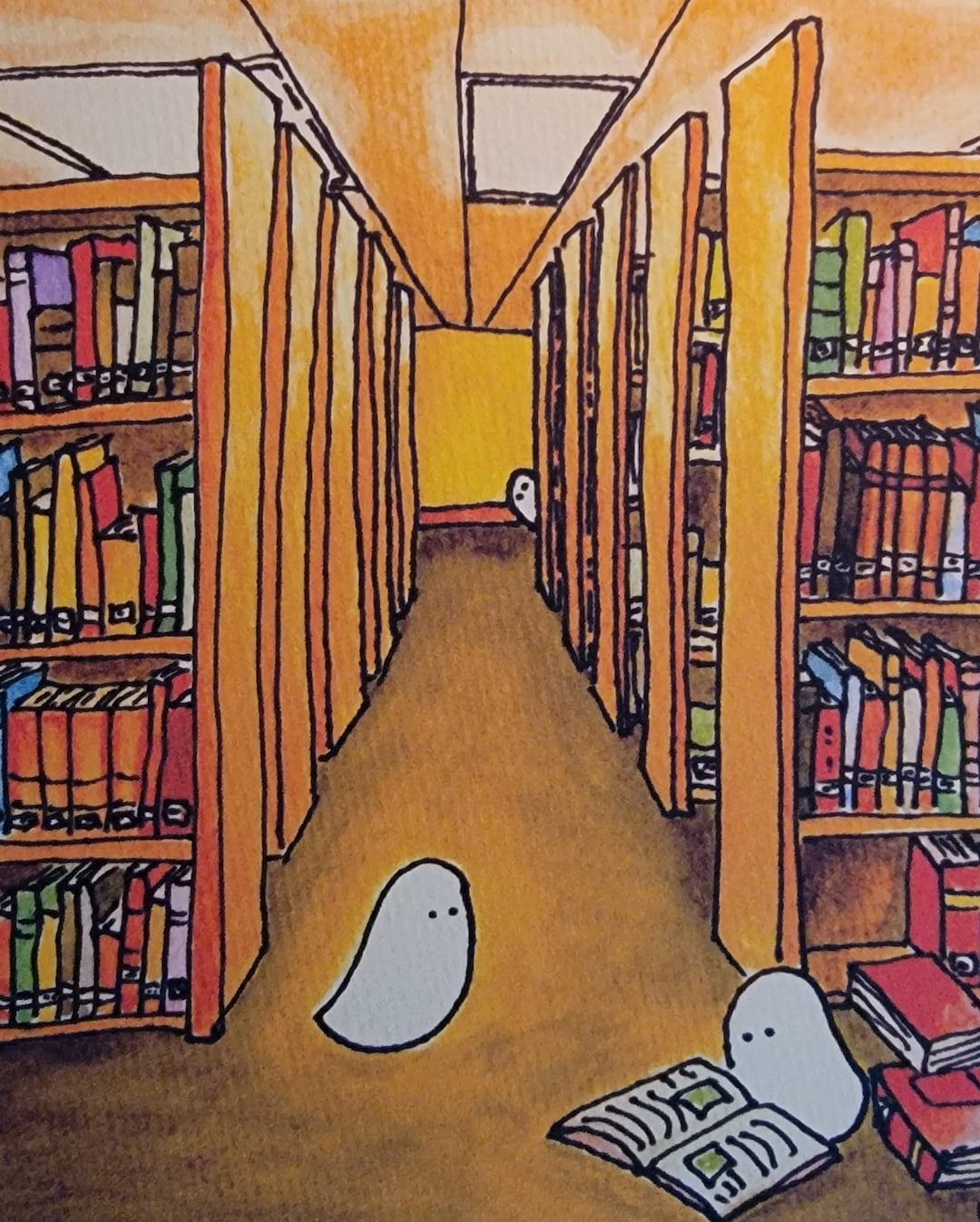 5x7 Print of Original Watercolor Illustration ghosts in a Library - Etsy