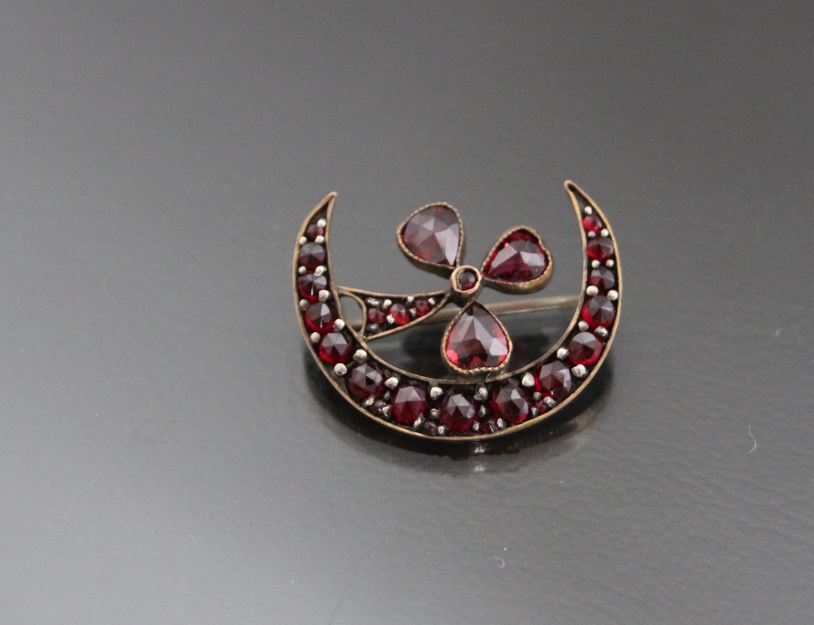 Victorian Crescent Moon and Trefoil, Clover Bohemian Garnet Brooch ...