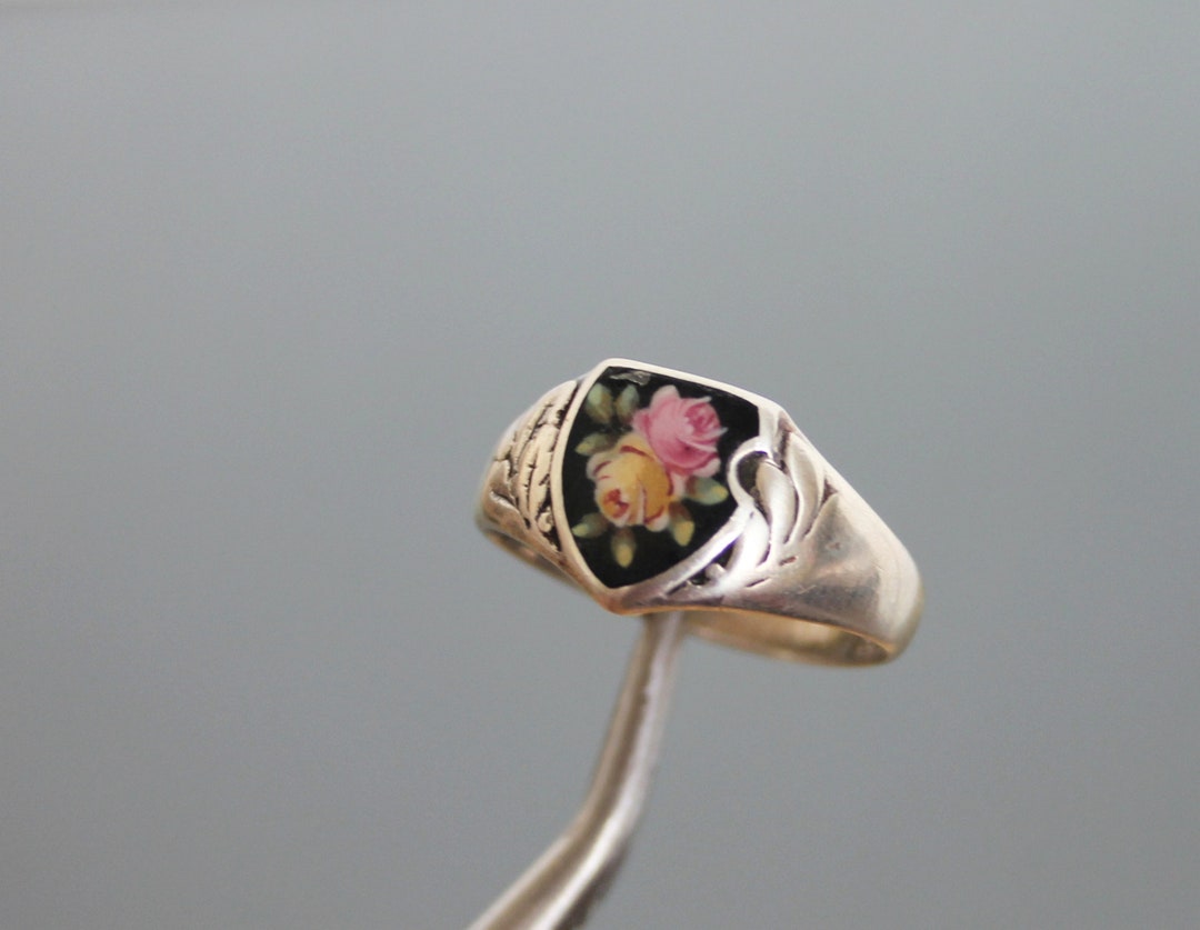 Victorian Signet, Hand Painted Enamel, Roses, Shield, Silver 800 Ring ...