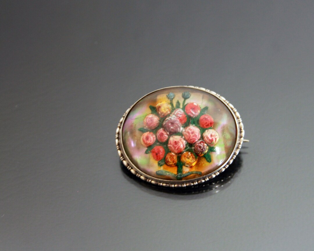 Victorian Brooch Roses Bunch, Floral. 800 Silver Essex Crystal Glass ...