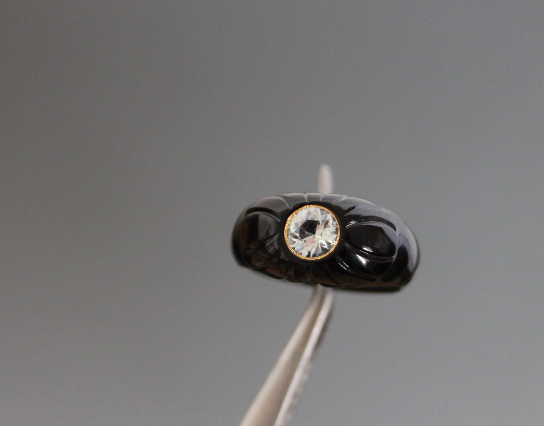 Art Deco Carved French Jet, Crystal Glass Ring. Size 9 1/2 - Etsy