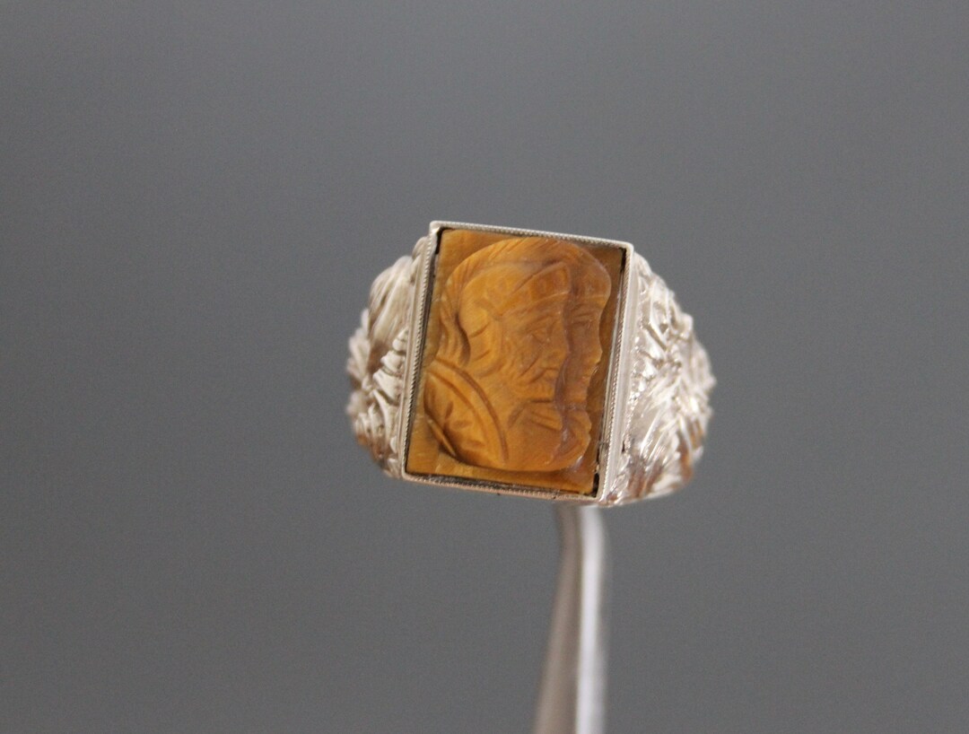 Art Deco Mens Signet Ring. Carved Tiger Eye, Silver 835. Size 9 3/4 ...