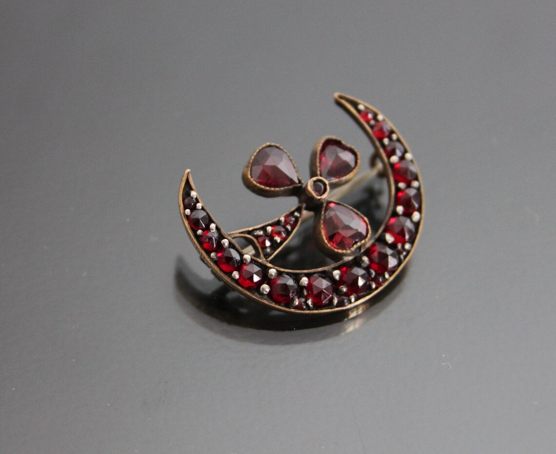 Victorian Crescent Moon and Trefoil, Clover Bohemian Garnet Brooch ...