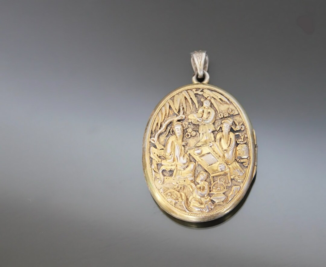 Victorian Chinoiserie 800 Silver Locket Pendant. Antique Chinese Theme ...