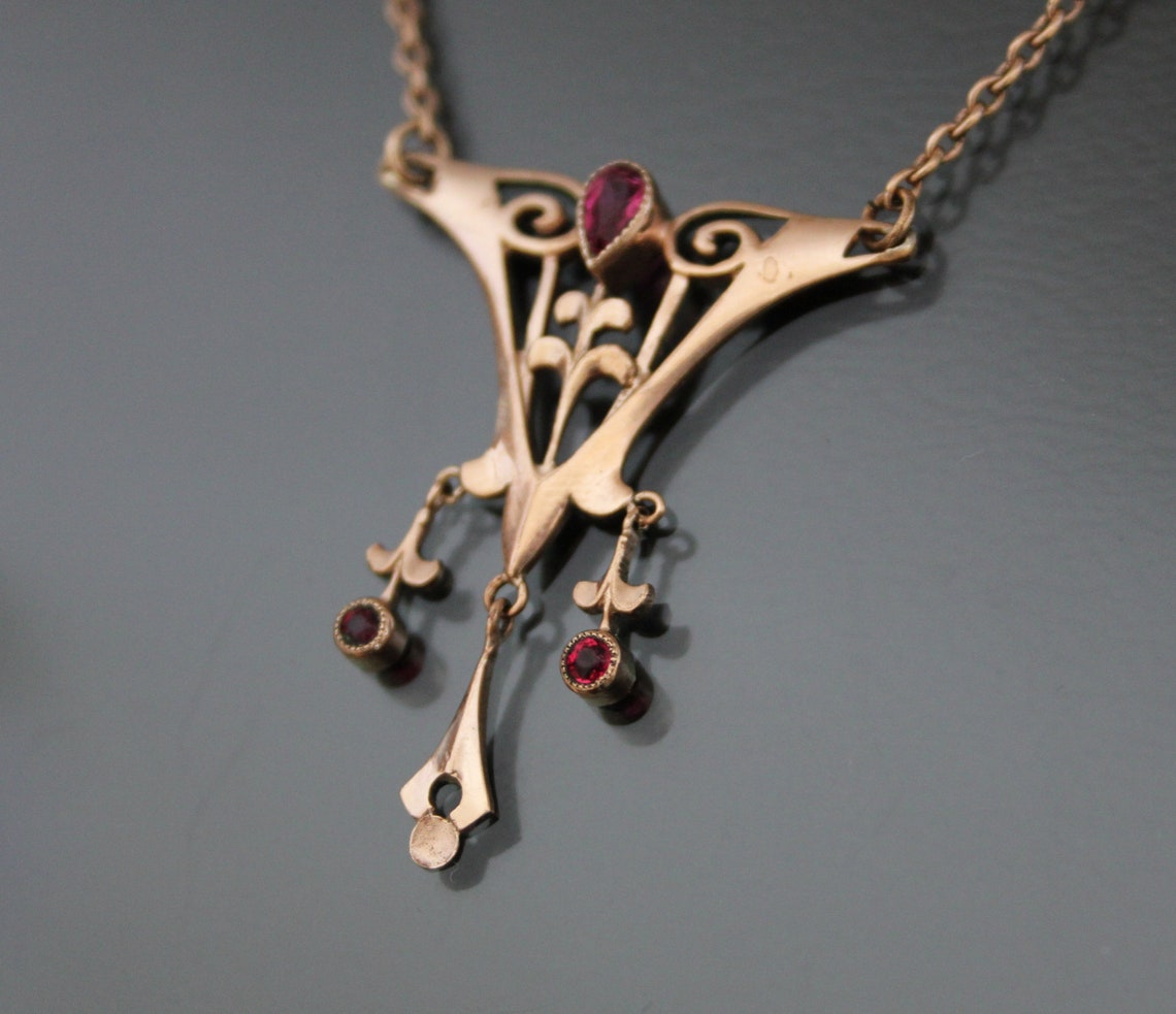 Jugendstil Faux Ruby Rose Gold Gilt Pendant Necklace. Antique Art ...
