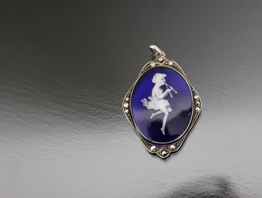 Art Deco Cobalt Glass Pendant. Grisaille Enamel, Silver 800, Fairy ...