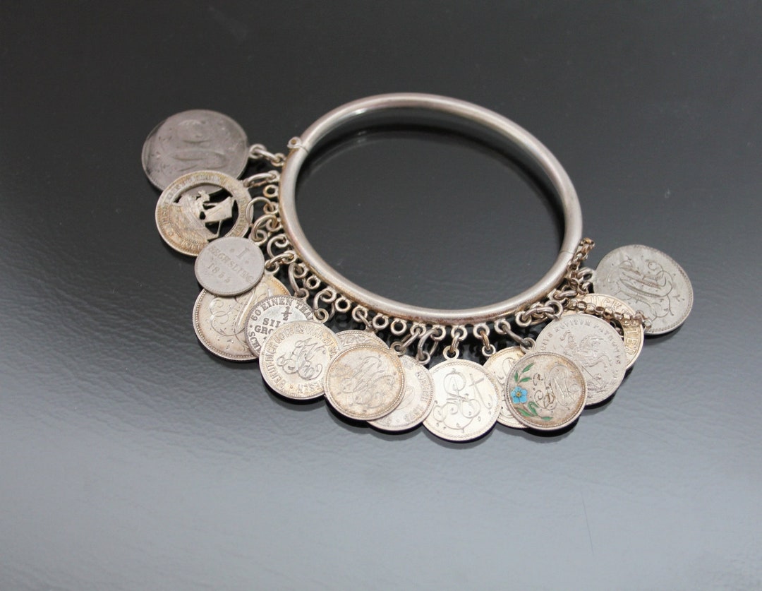 Victorian Love Tokens Bangle. 800 Silver. Multi-charm Antique Austro ...