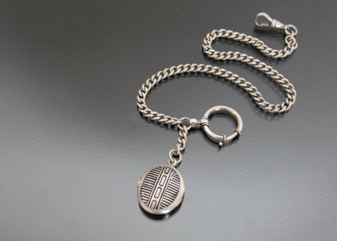 Victorian 750 Silver Watch Chain With Enameled Locket Pendant. Antique ...