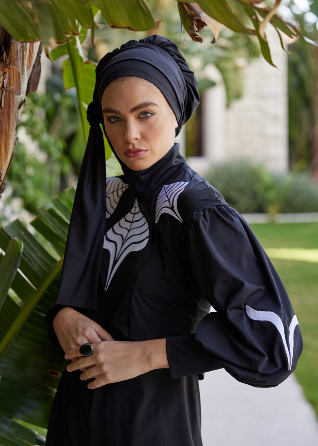 6 Pieces Burkini Set, Feminine Embroidered Designer Swimwear Black ...
