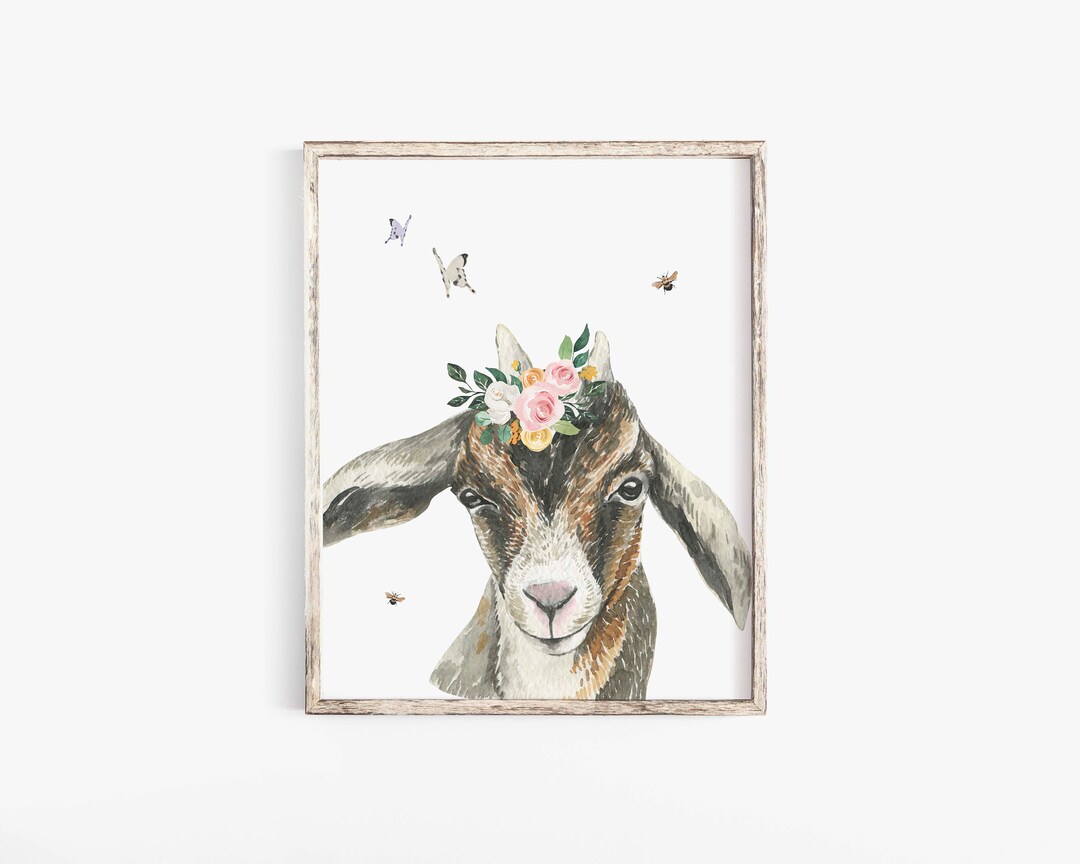 Baby Goat With Flower Crown, Nursery Farm Animal Floral Print, Baby ...