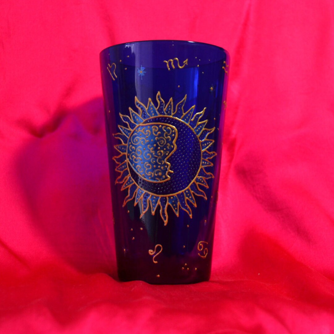 Hand Painted Celestial Glass. Sun, Moon, Stars Design Soda, Lemonade ...