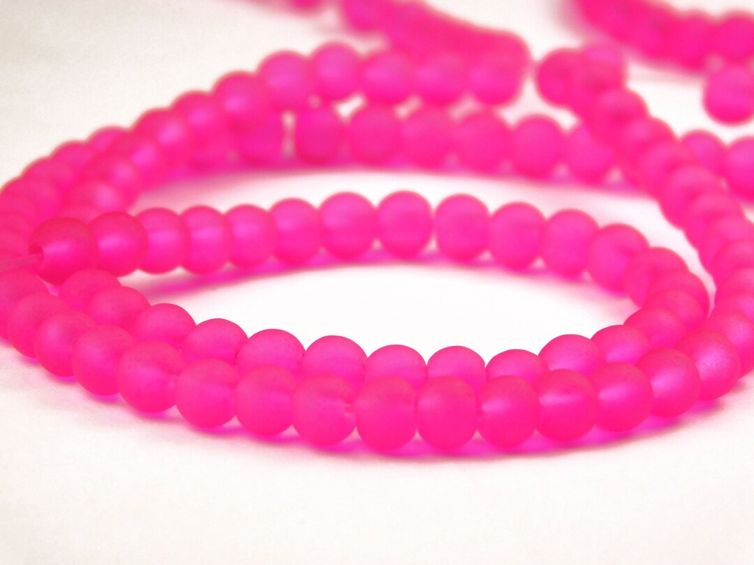 15 Inch Strand - 4mm Round Hot Pink Frosted Sea Glass Beads - Glass ...